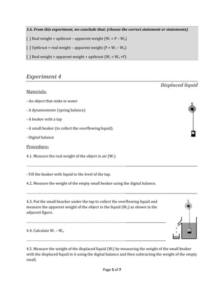 Physics lab worksheet - Archimedes upthrust | PDF
