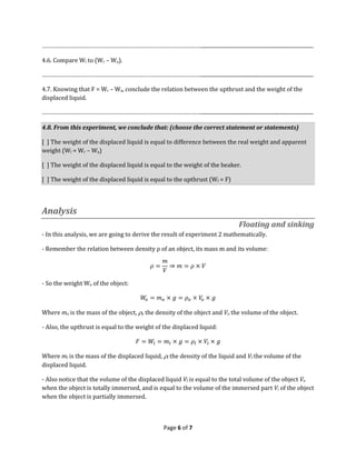 Physics lab worksheet - Archimedes upthrust | PDF