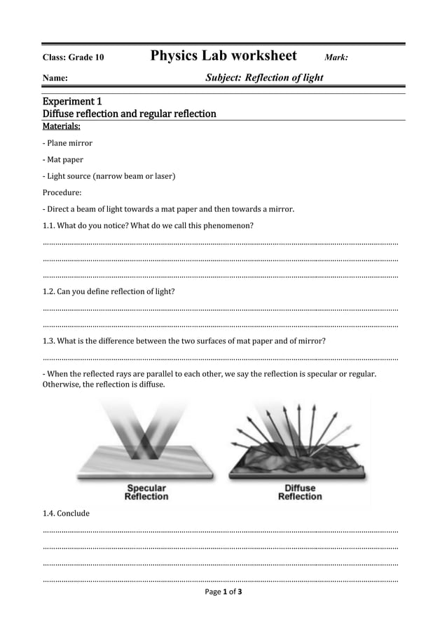 Physics lab worksheet reflection | PDF