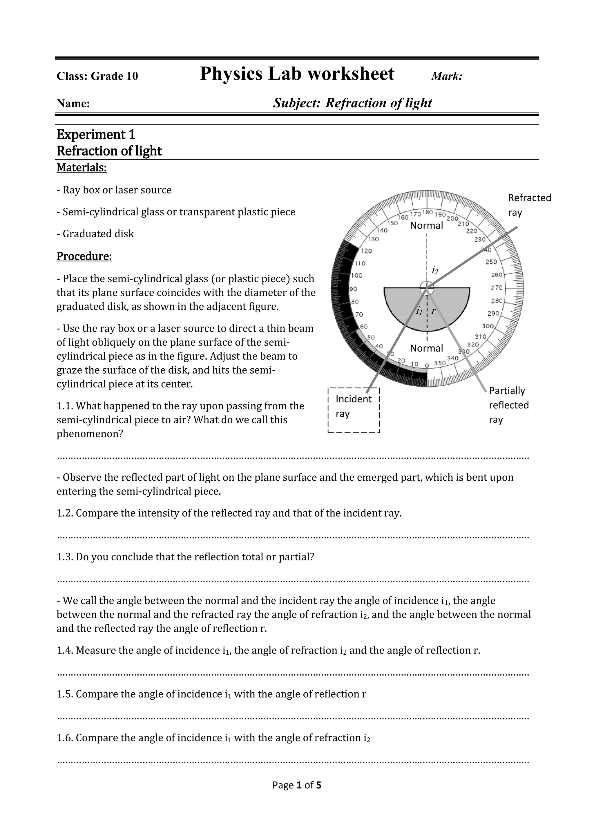 Physics lab worksheet refraction | PDF