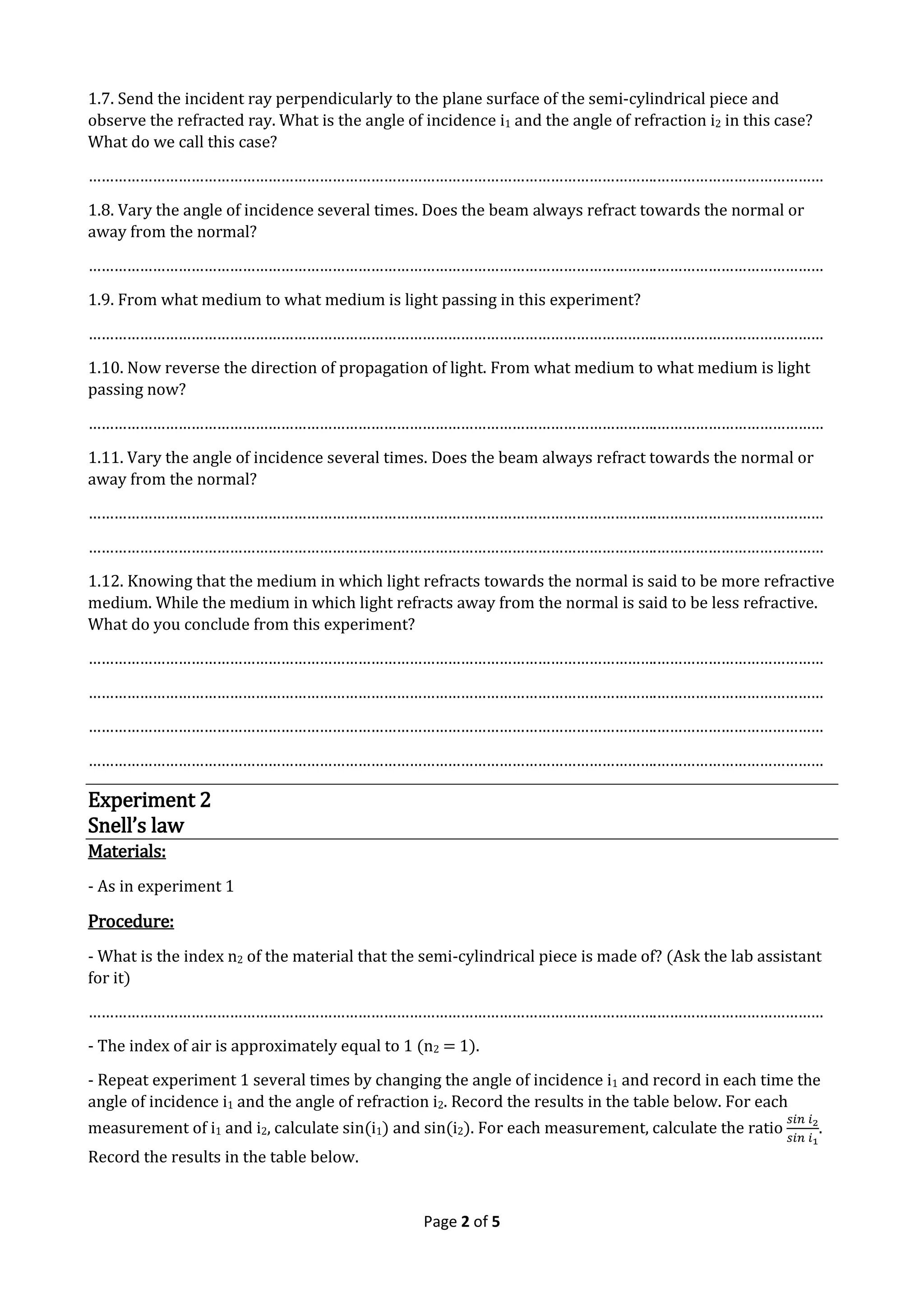 Physics lab worksheet refraction | PDF
