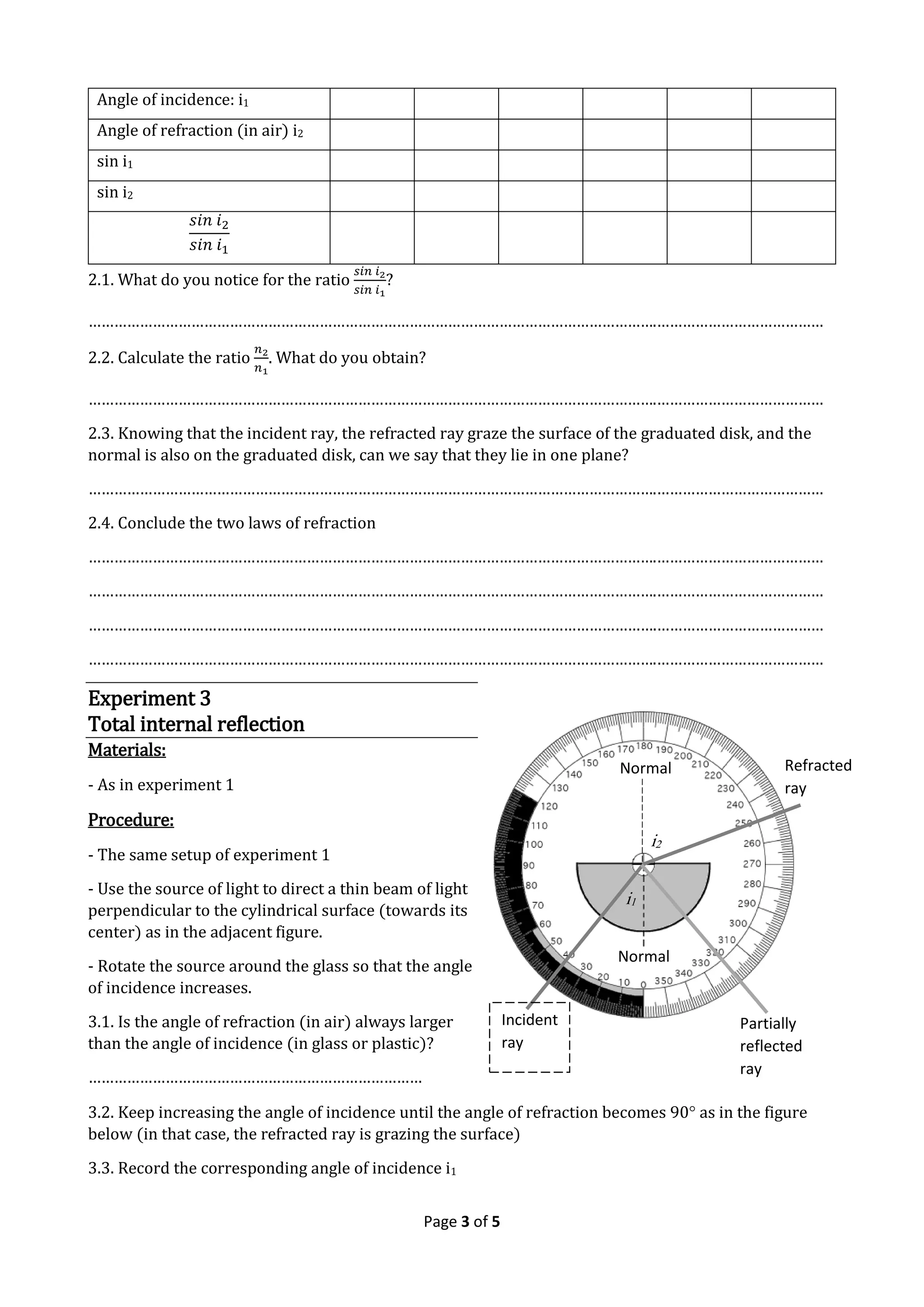 Physics lab worksheet refraction | PDF