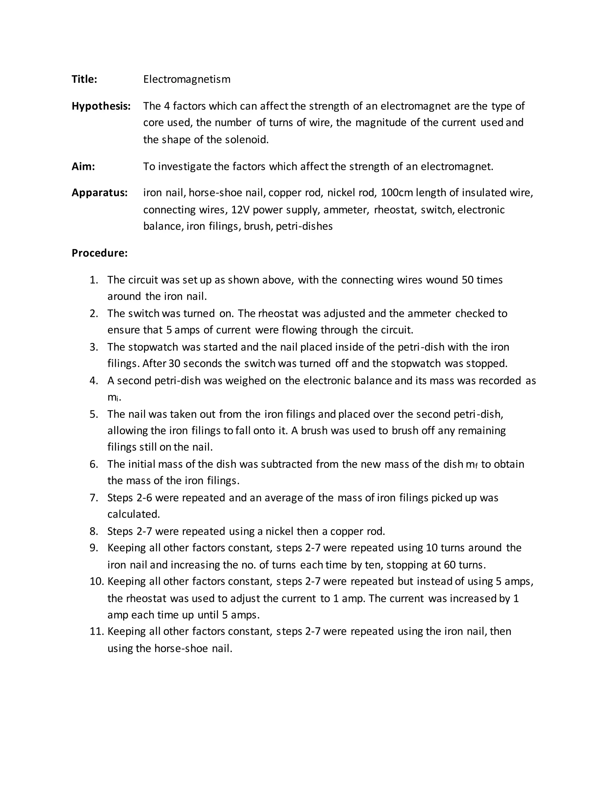 CSEC Physics PD Lab - Factors affecting strength of electromagnet | DOCX