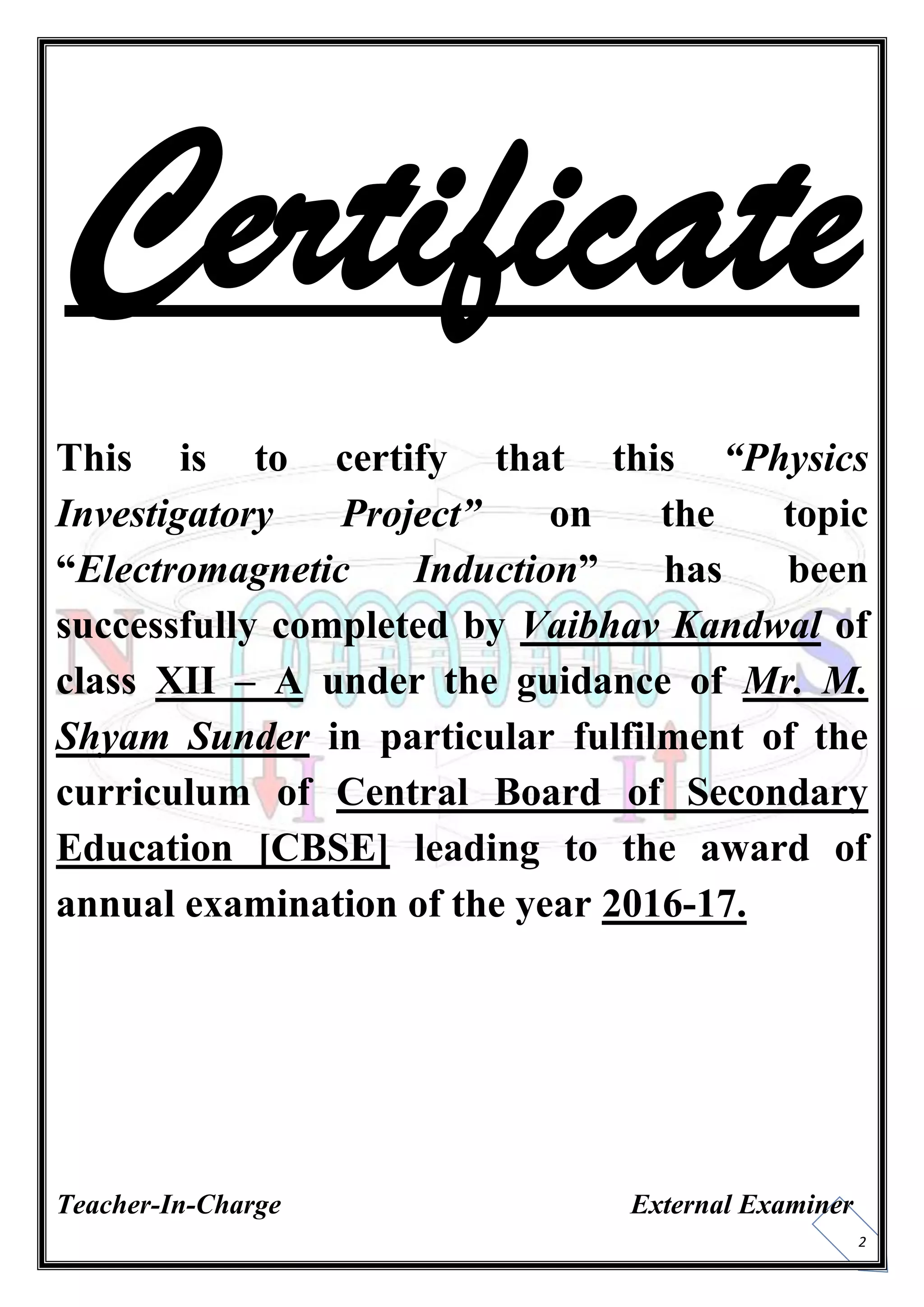 CBSE Class XII Physics Investigatory Project | PDF