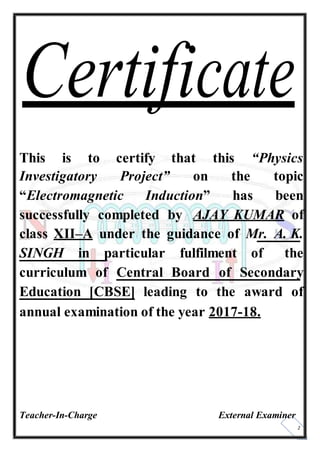 FARADAY LAW OF ELECTROMAGNETIC INDUCTION CLASS 12 PROJECT | DOCX