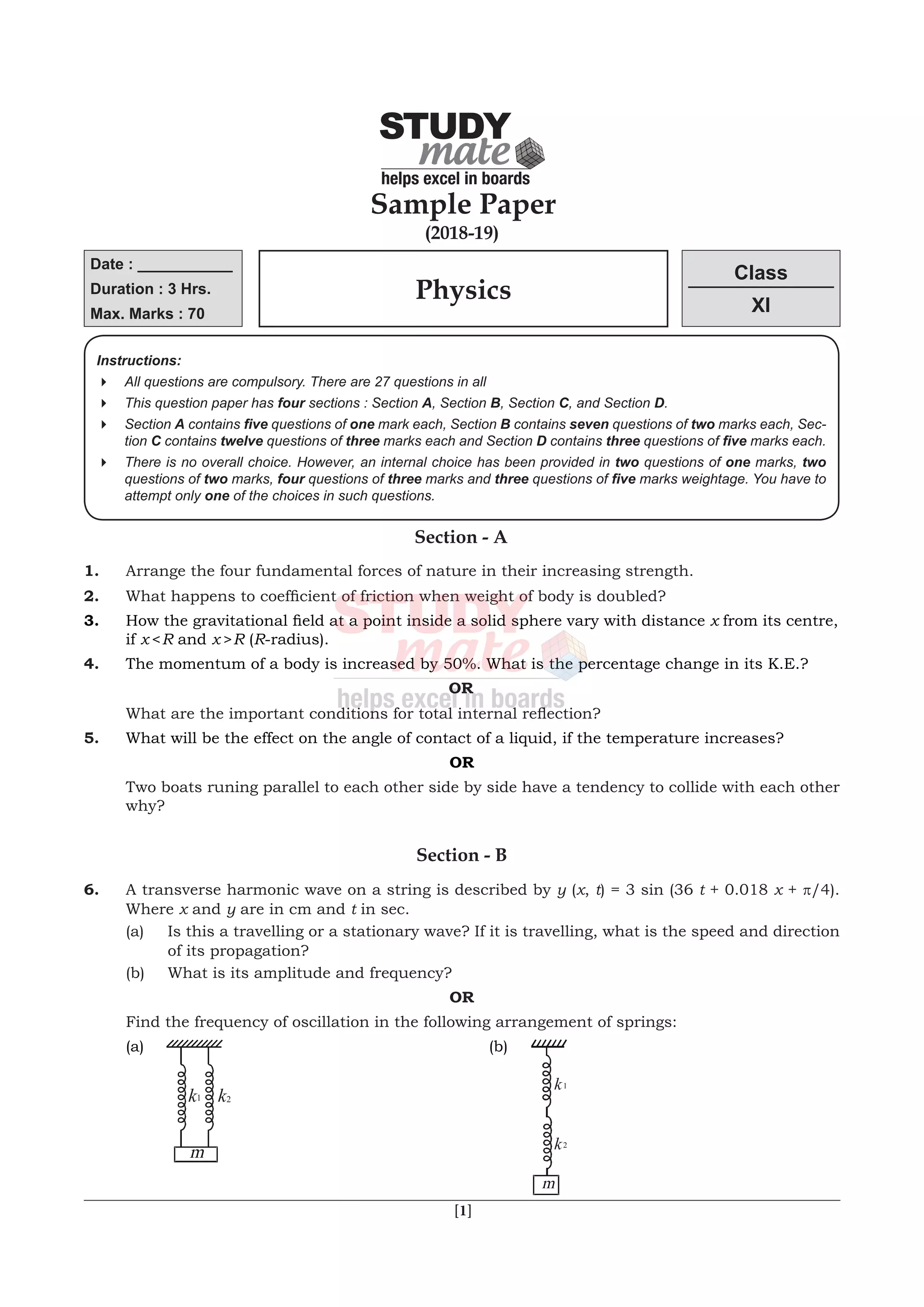 Physics Sample Paper Class 11 - Studymate | PDF