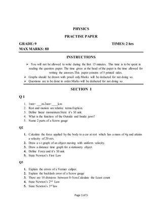 Physics - Test on Measurement,Motion in one dimension and laws of ...