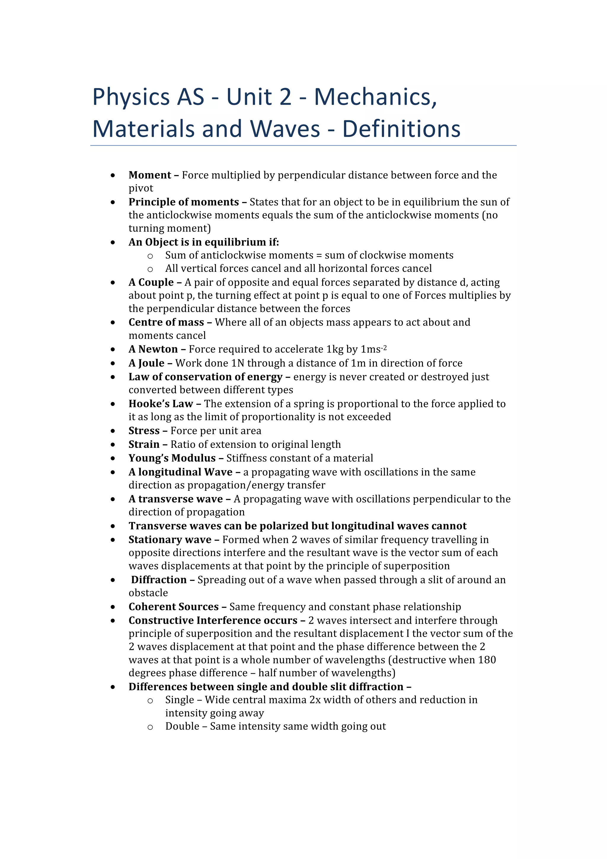 Physics – unit 2 definitions | PDF