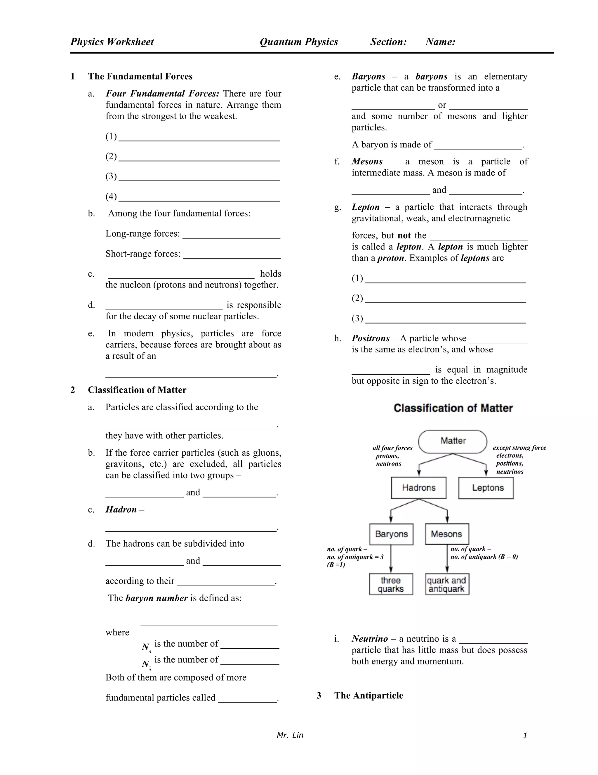 Physics worksheet lesson 30 standard model 1 | PDF