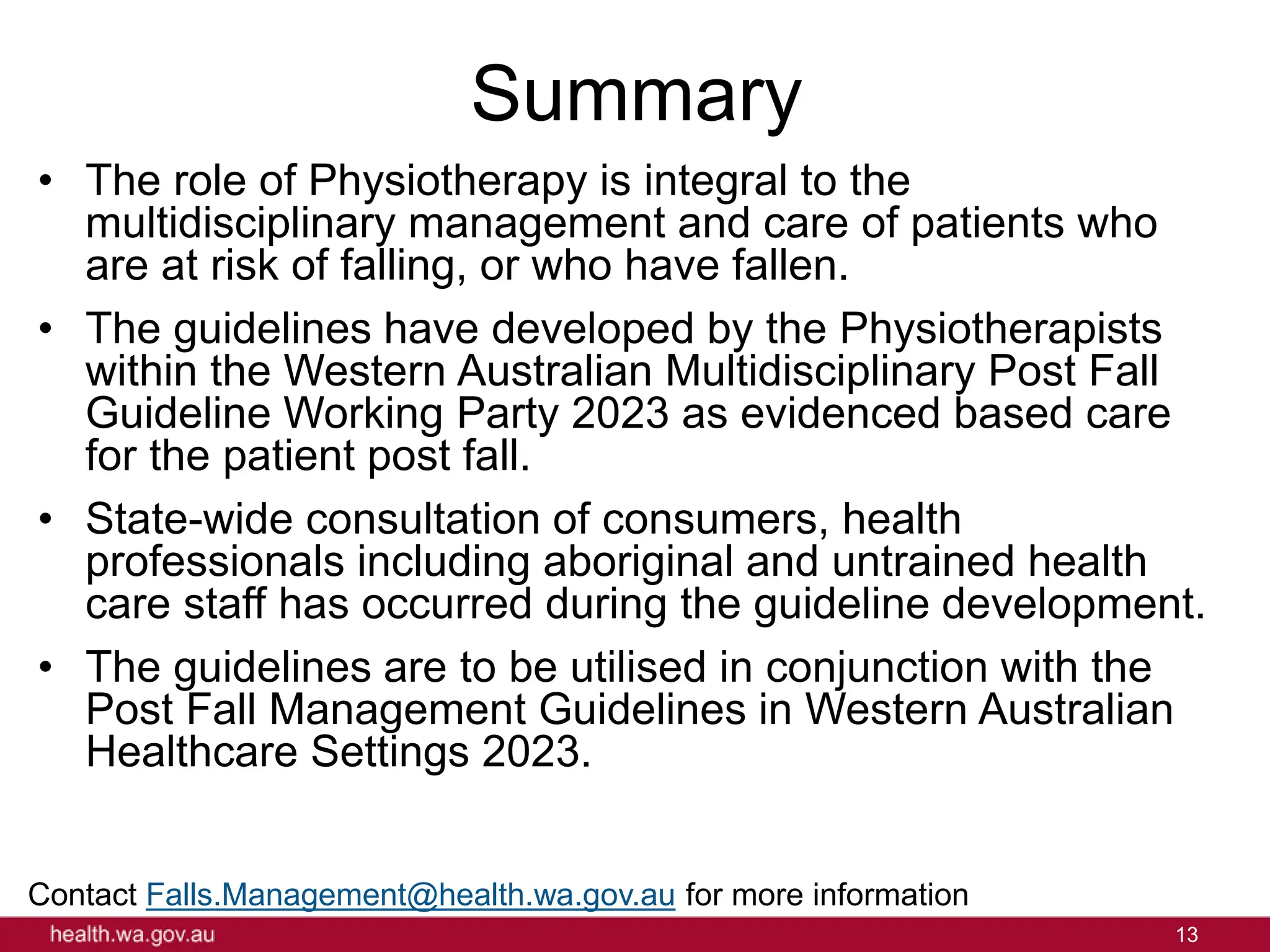 Western Australian Multidisciplinary Post Fall Management Guidelines ...