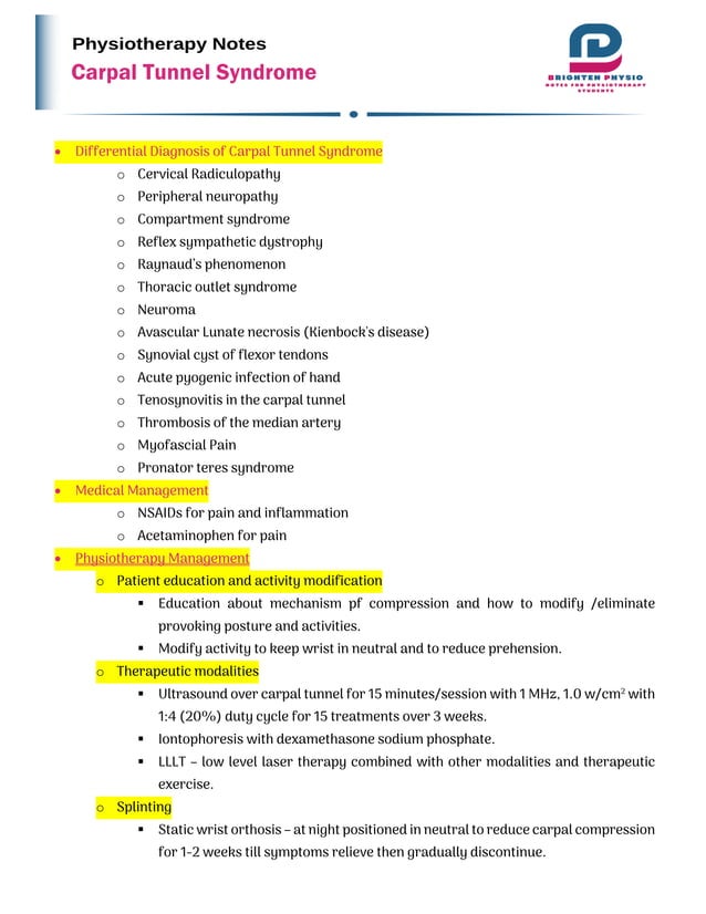 Physiotherapy Notes - Carpal Tunnel Syndrome.pdf | Death, Injury, or ...