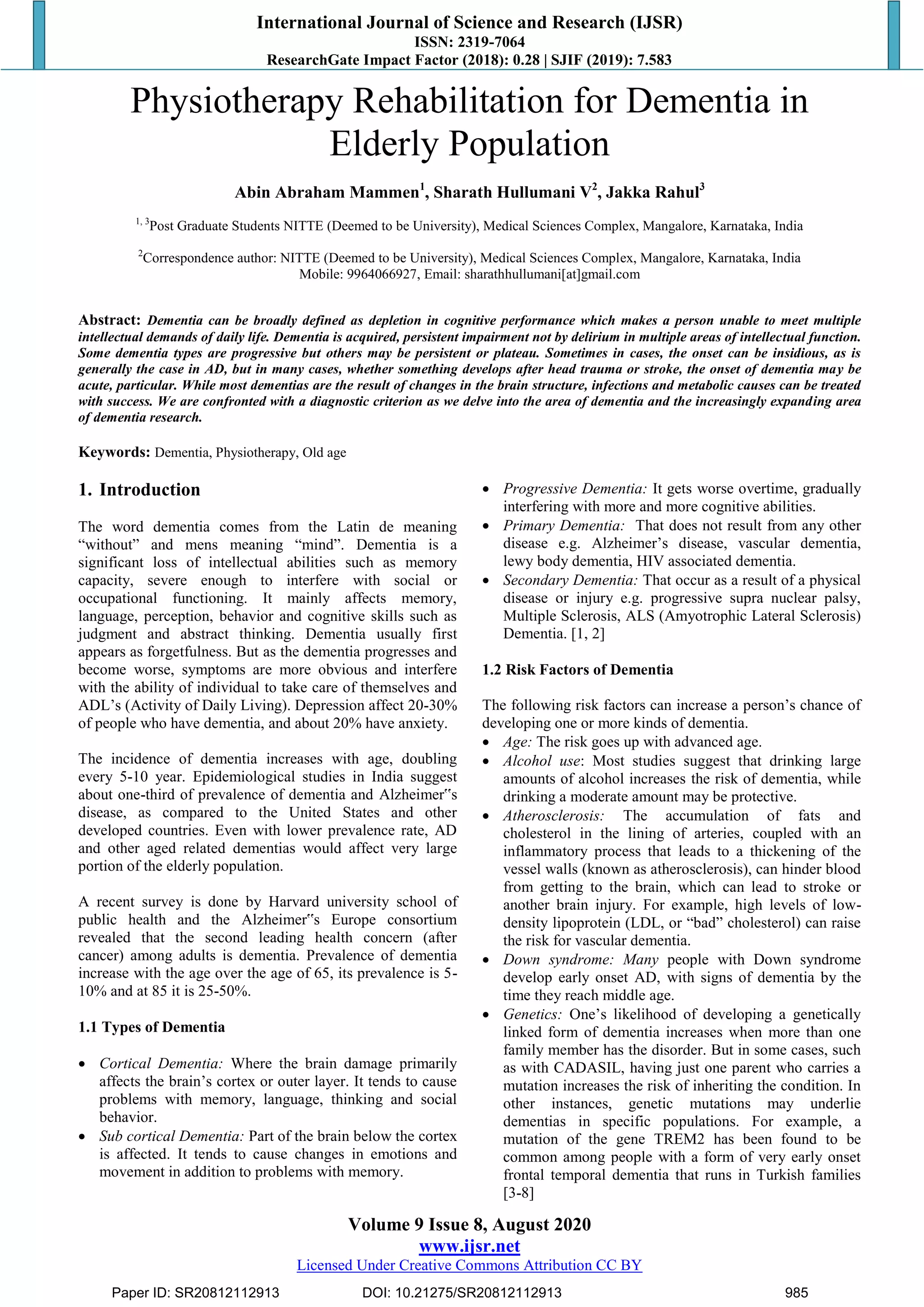 Physiotherapy Rehabilitation for Dementia in Elderly Population (Abin ...