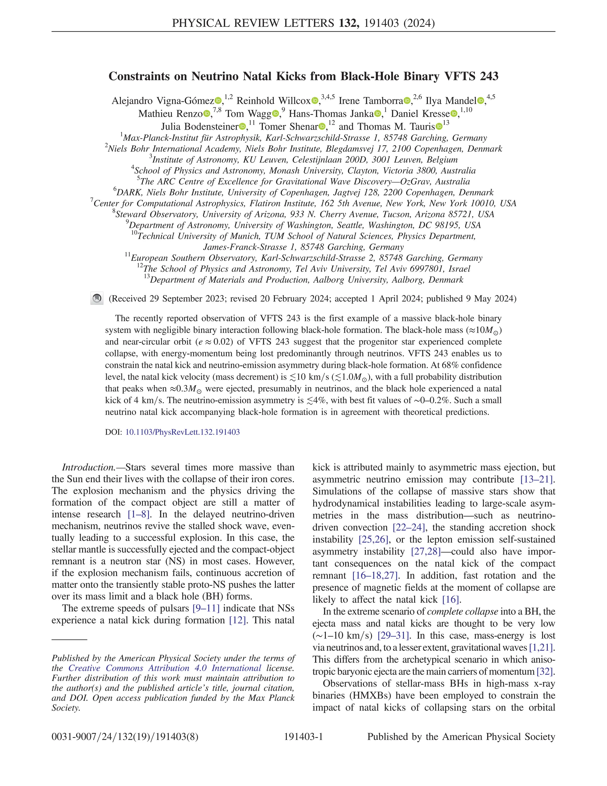 Constraints on Neutrino Natal Kicks from Black-Hole Binary VFTS 243 | PDF