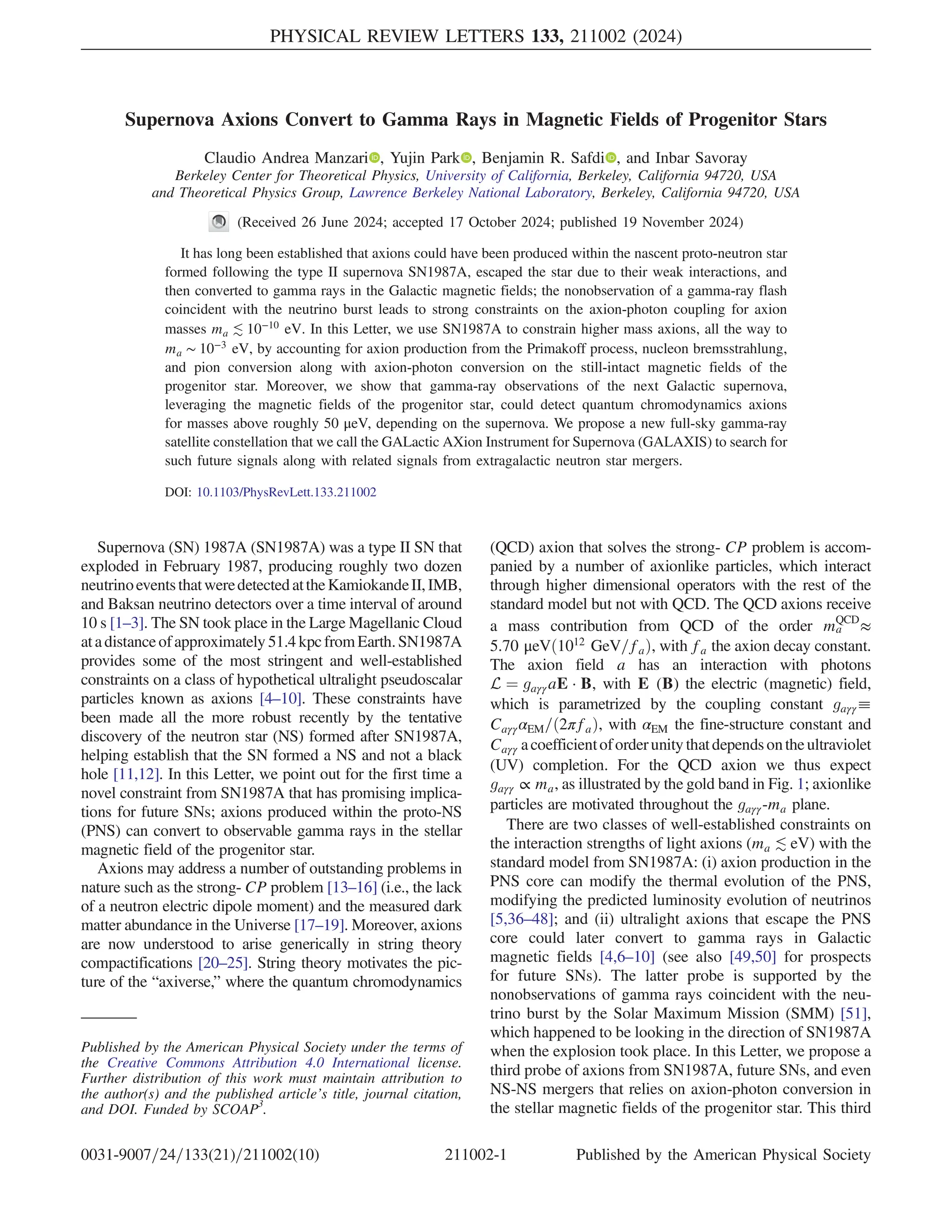 Supernova Axions Convert to Gamma Rays in Magnetic Fields of Progenitor ...