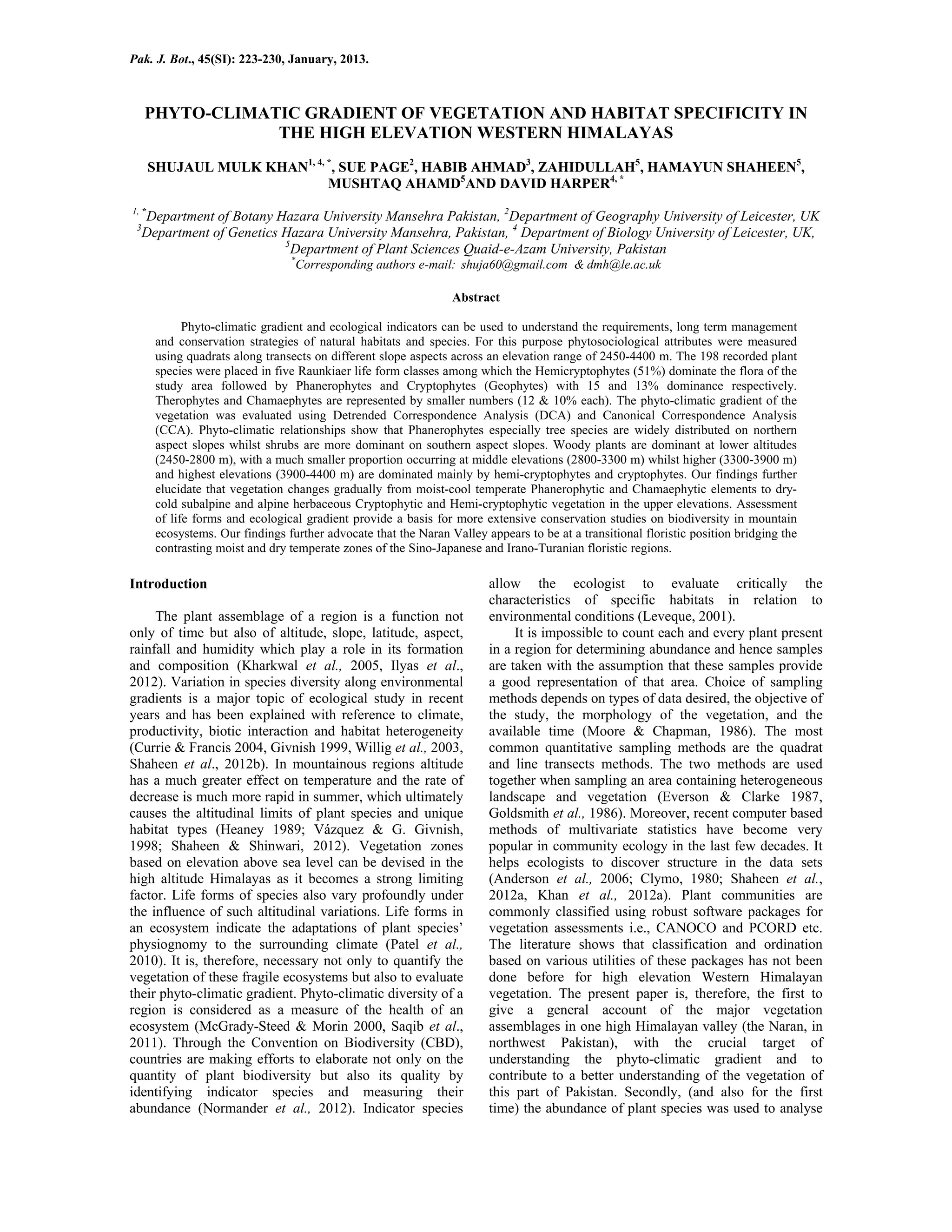 Phyto climatic gradient of vegetation and habitat specificity in the ...