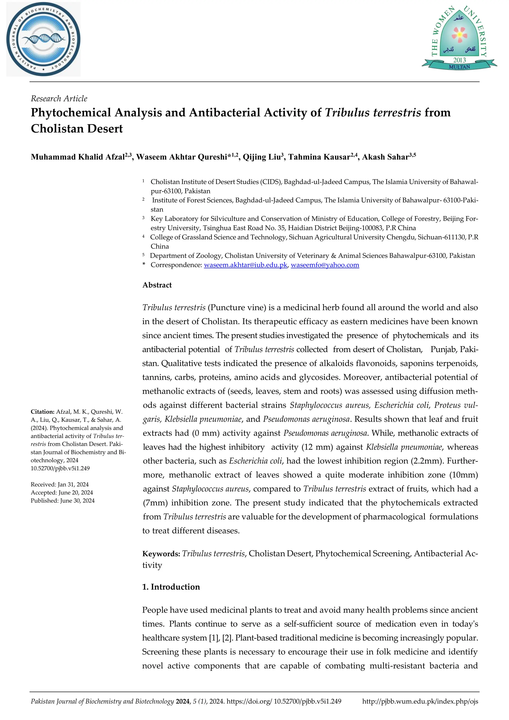 Phytochemical Analysis and Antibacterial Activity of Tribulus terrestris from Cholistan Desert.pdf