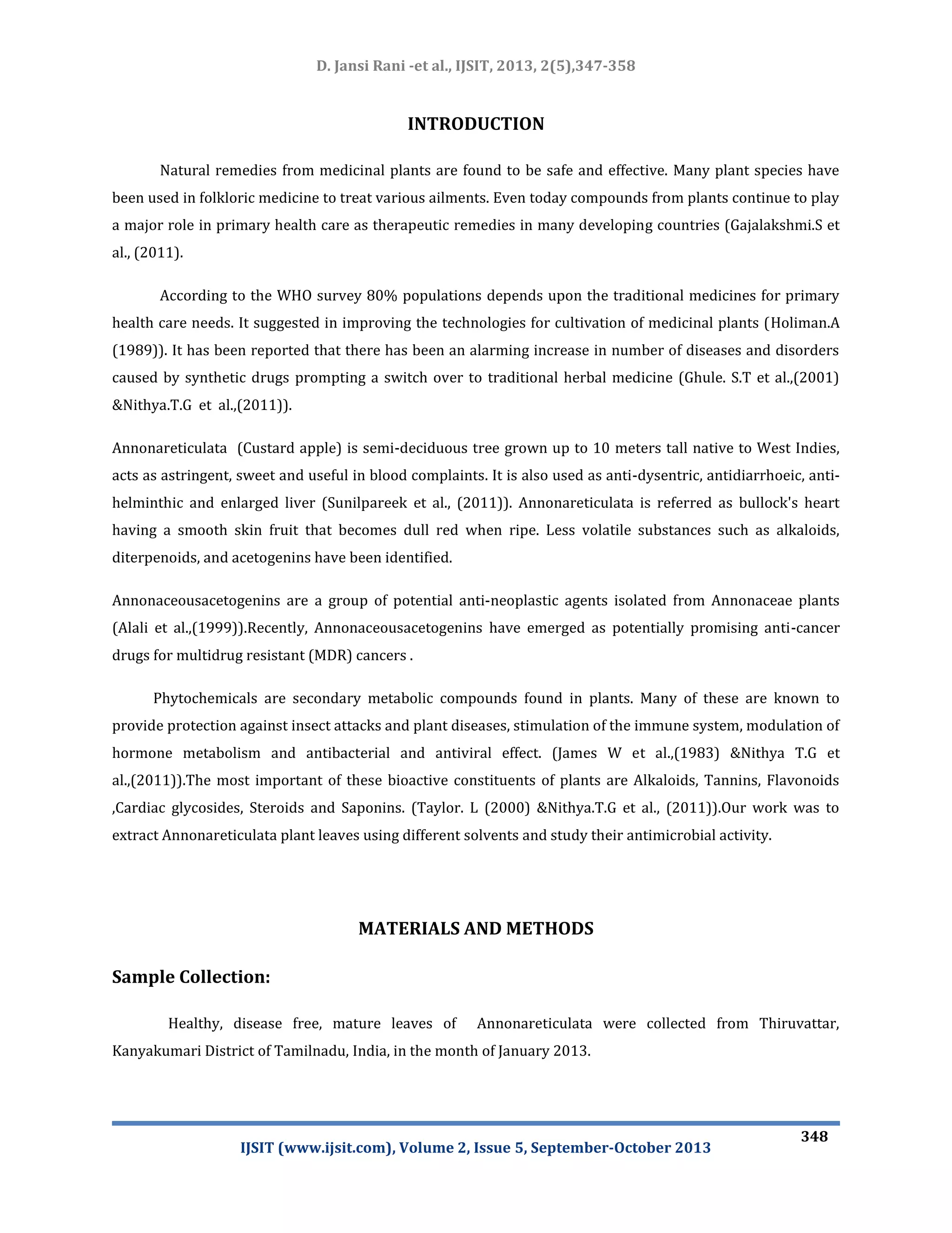 PHYTOCHEMICAL SCREENING AND ANTIMICROBIAL ACTIVITY OF VARIOUS SOLVENT ...