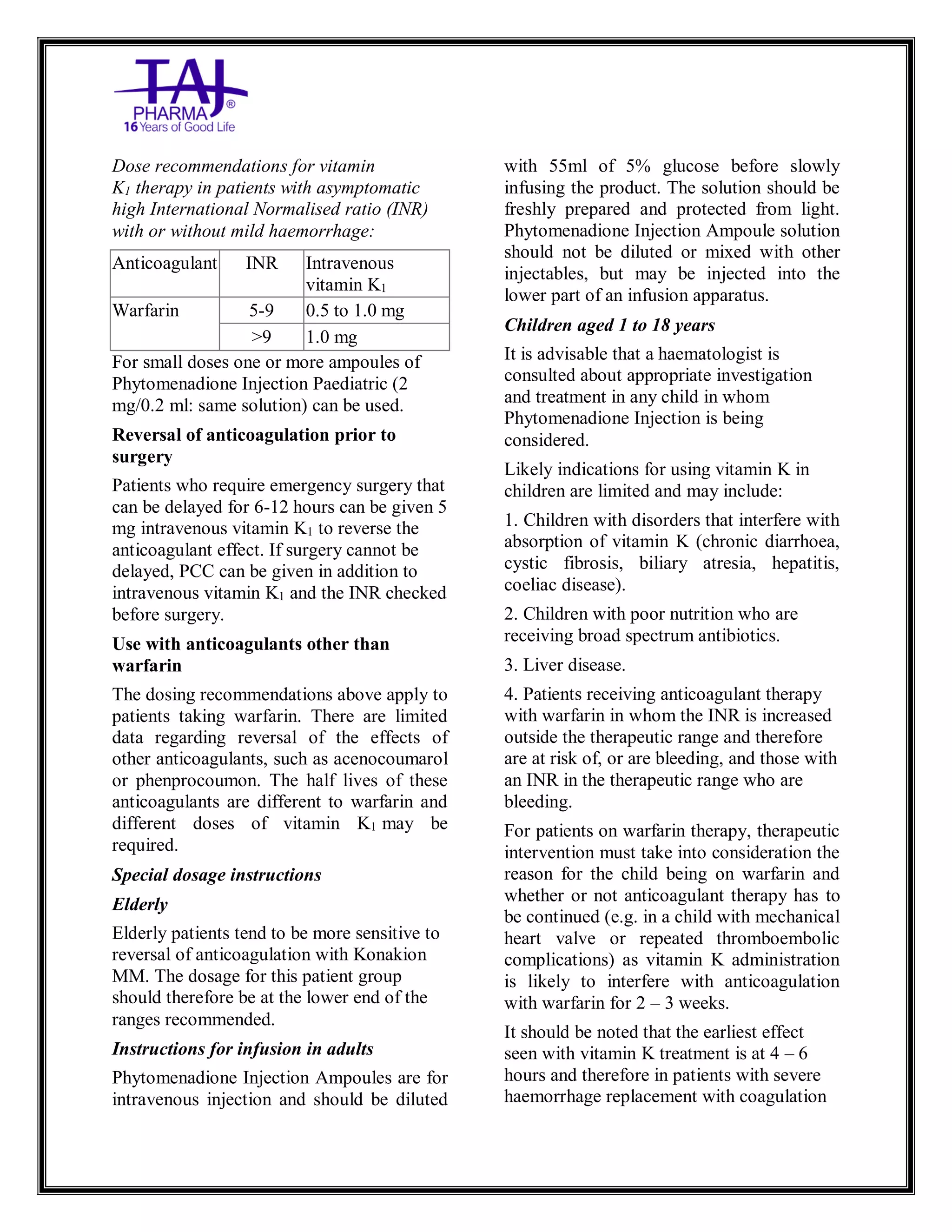 Phytomenadione Injection BP 1mg/0.5ml Taj Pharma SmPC (Adult) | PDF