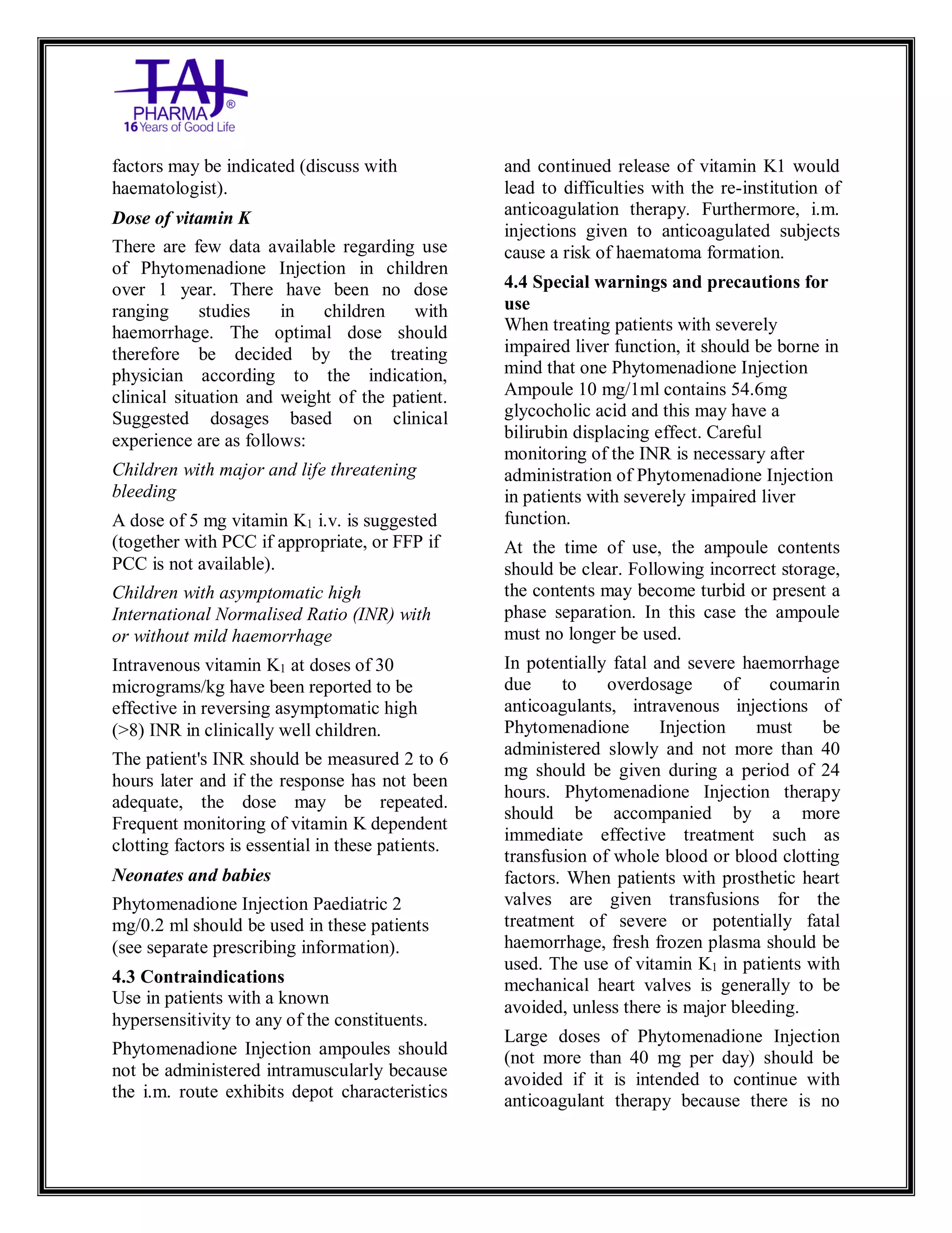 Phytomenadione Injection BP 1mg/0.5ml Taj Pharma SmPC (Adult) | PDF