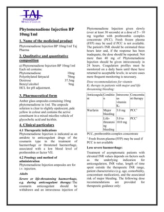 Phytomenadione Injection BP 1mg/0.5ml Taj Pharma SmPC (Adult) | PDF