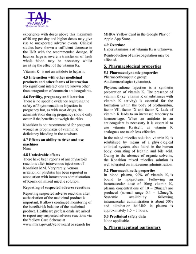 Phytomenadione Injection BP 1mg/0.5ml Taj Pharma SmPC (Adult) | PDF