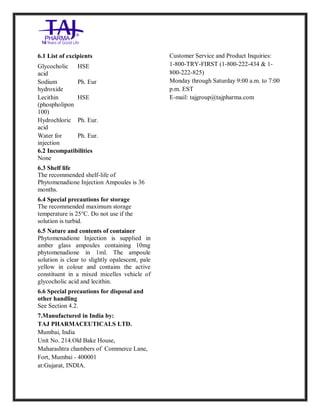 Phytomenadione Injection BP 1mg/0.5ml Taj Pharma SmPC (Adult) | PDF