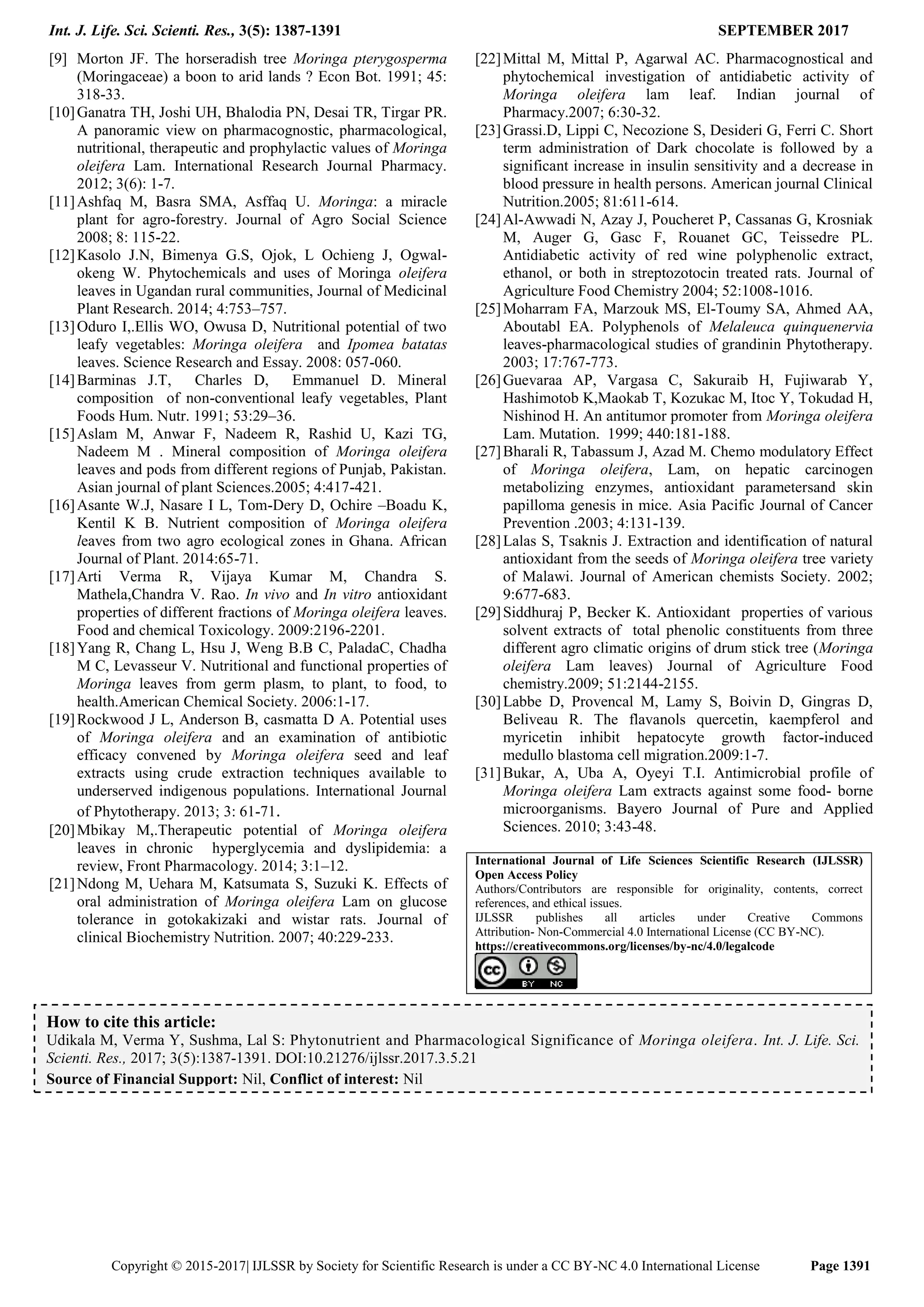 Phytonutrient and Pharmacological Significance of Moringa oleifera | PDF