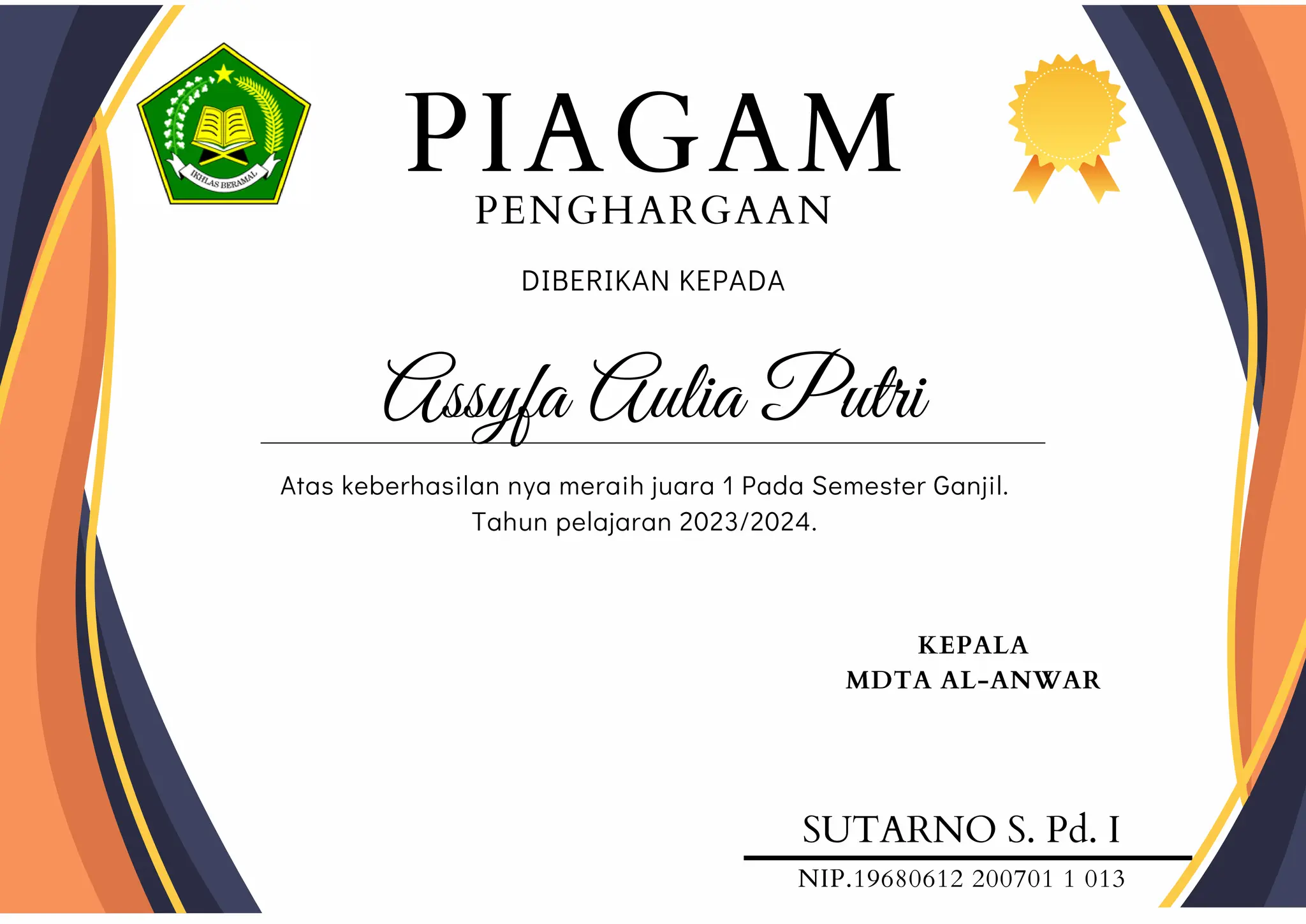 Piagam Penghargaan yang dibuat oleh adik | PPT