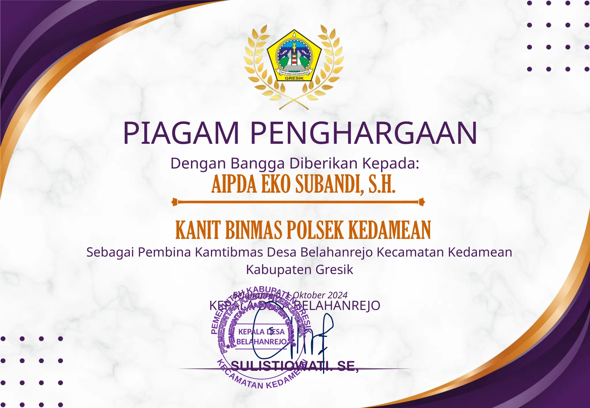 PIAGAM PENGHARGAAN BINMAS OLEH MASYARAKAT KEPADA BHABINKAMTIBMAS | PPTX