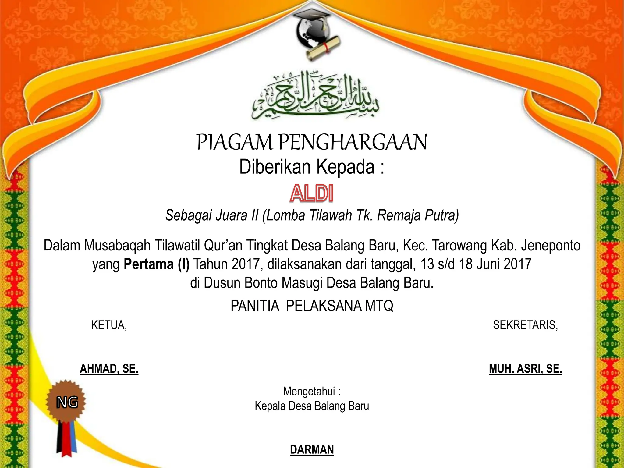 PIAGAM PENGHARGAAN MTQ TINGKAT DESA BALANG BARU | PPTX