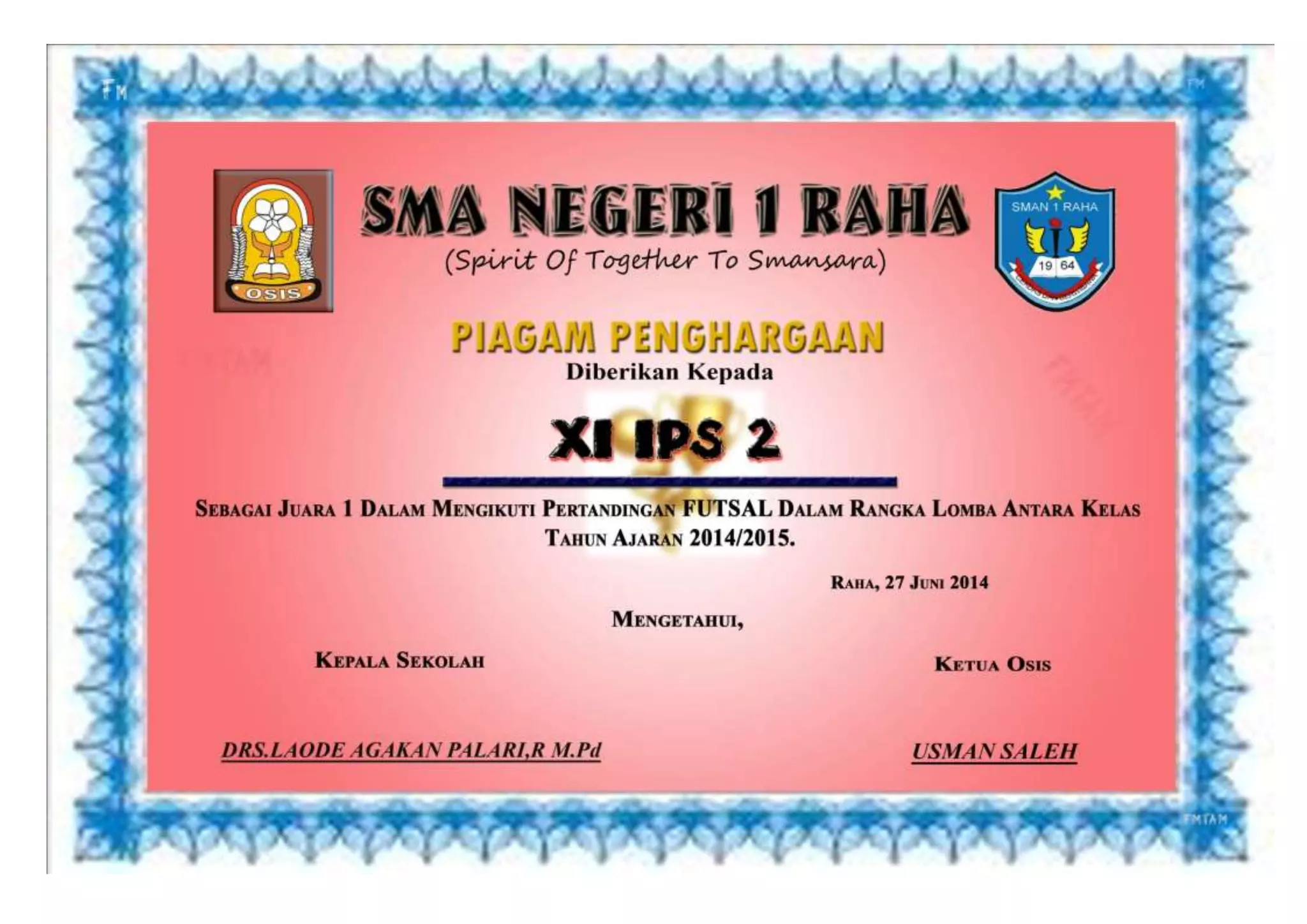Piagam penghargaan sma 1 raha | DOCX