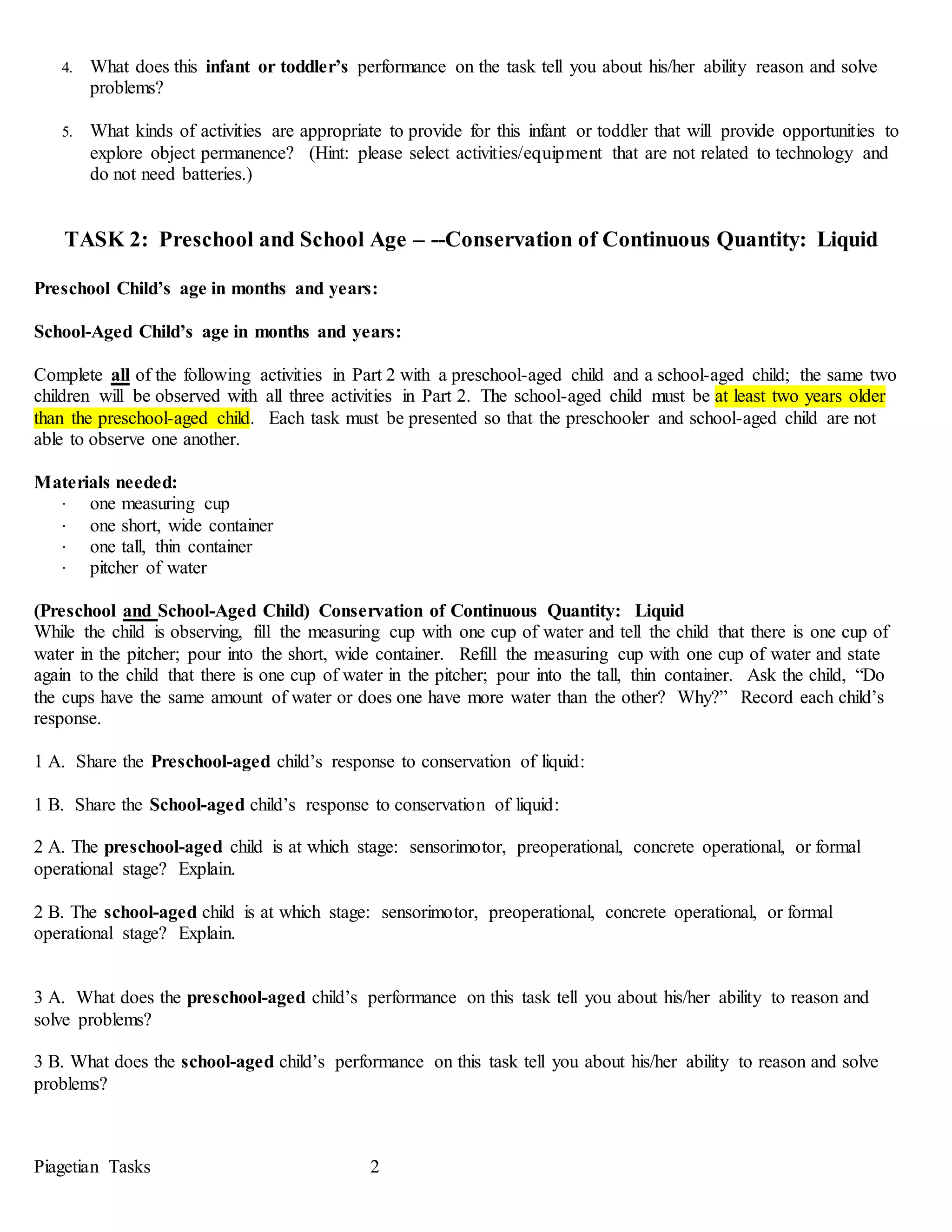 Piagetian Tasks | PDF