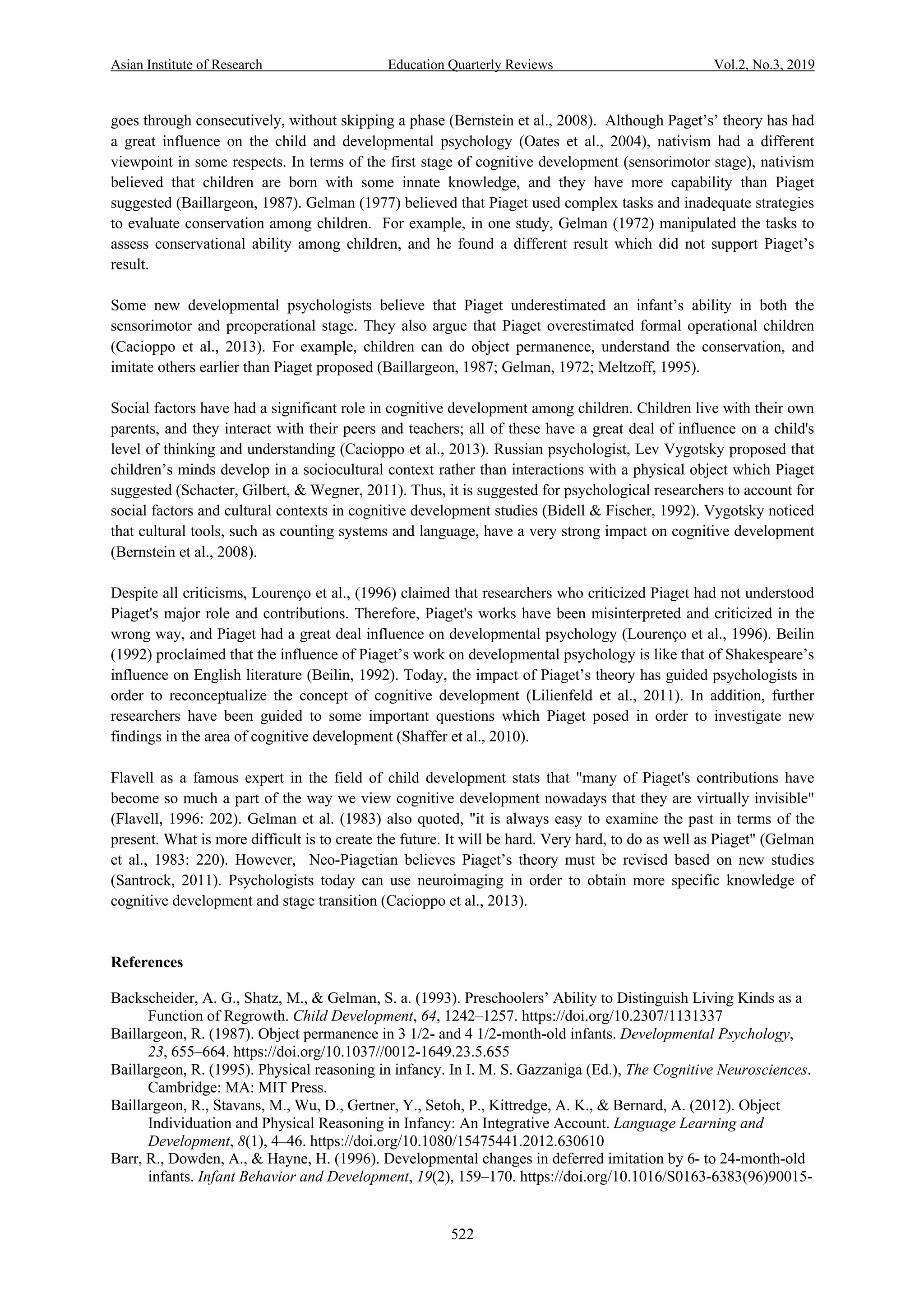 Piagets cognitivedevelopmentaltheorycriticalreview | PDF