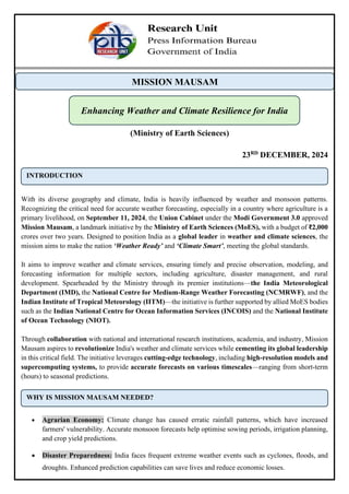 mission-mausam Enhancing Weather and Climate Resilience for India | PDF