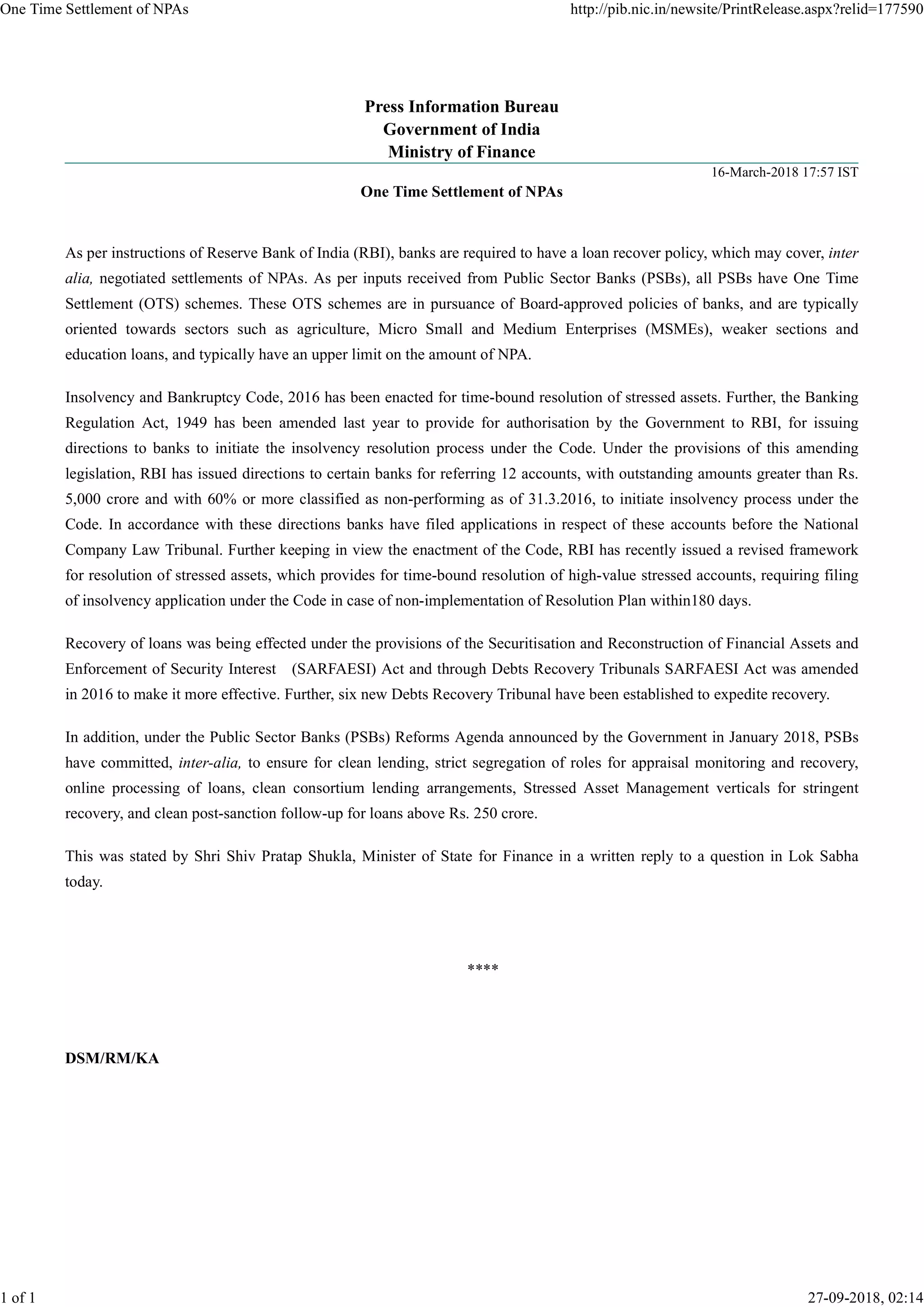 RBI GUIDELINES: ONE TIME SETTLEMENT OF NPAS DATED 16-MARCH-2018 | PDF