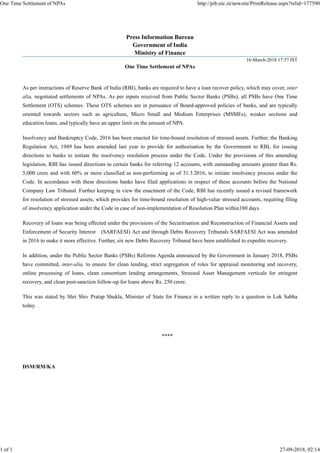 RBI GUIDELINES: ONE TIME SETTLEMENT OF NPAS DATED 16-MARCH-2018 | PDF