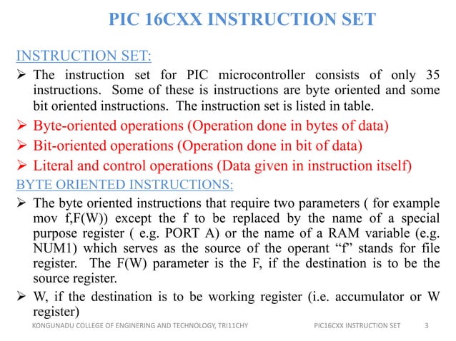 Pic16cxx instruction set | PPTX | Programming Languages | Computing