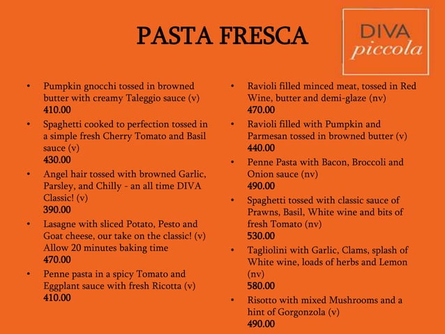 DIVA Piccola Menu | PPTX | Desserts and Baking | Food & Drink