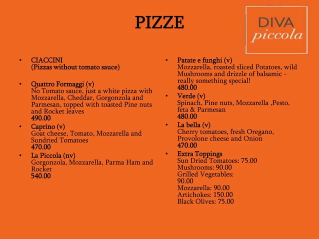 DIVA Piccola Menu | PPTX | Desserts and Baking | Food & Drink
