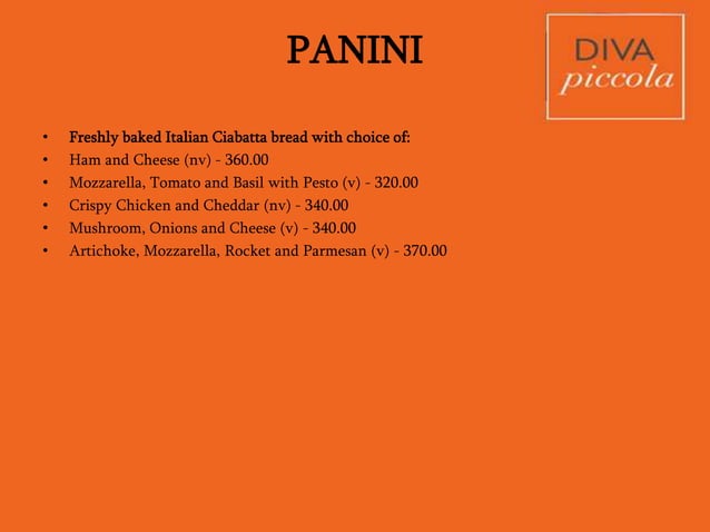 DIVA Piccola Menu | PPTX | Desserts and Baking | Food & Drink