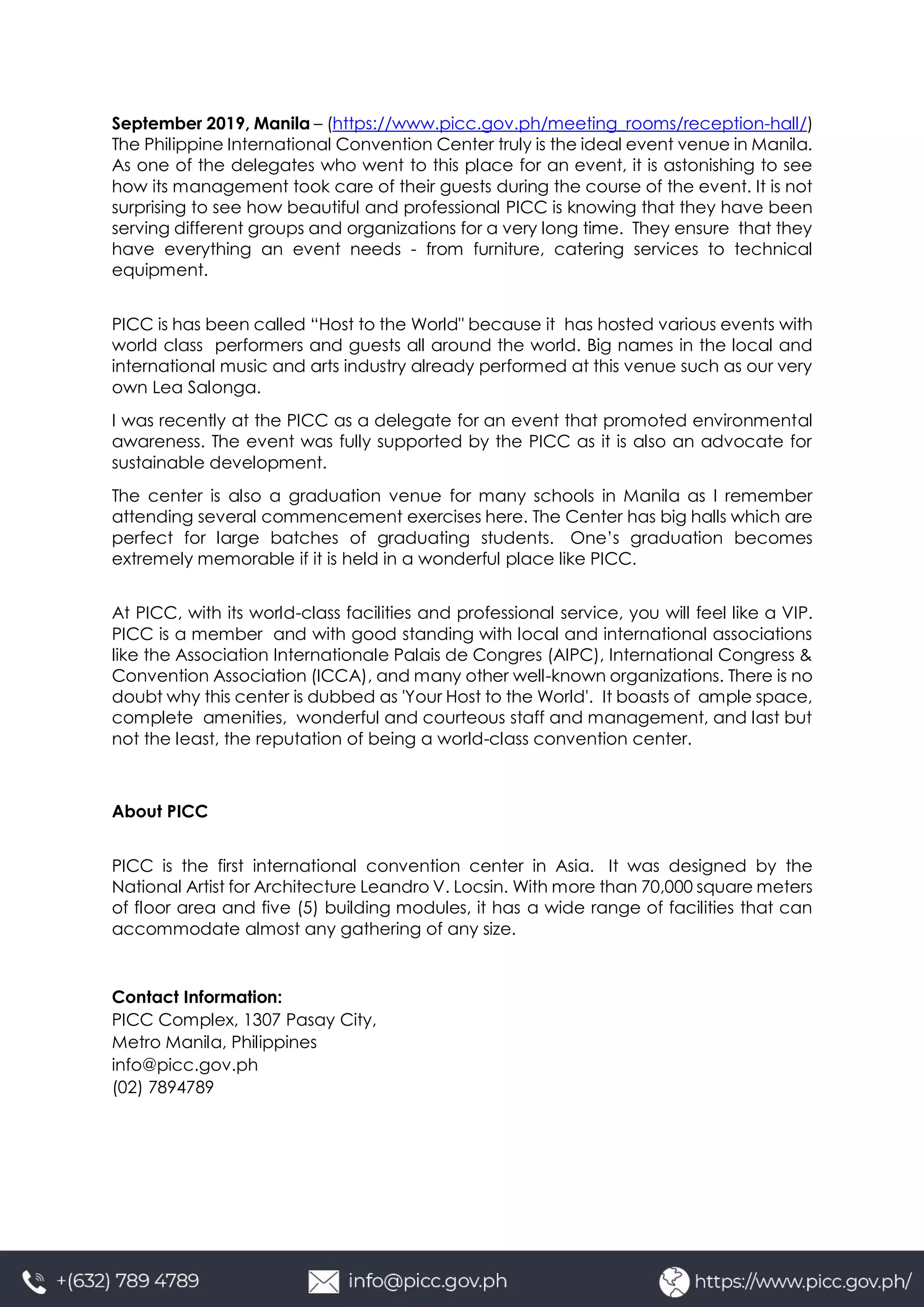 PICC, YOUR HOST TO THE WORLD - The Ideal Event Venue in Manila | PDF