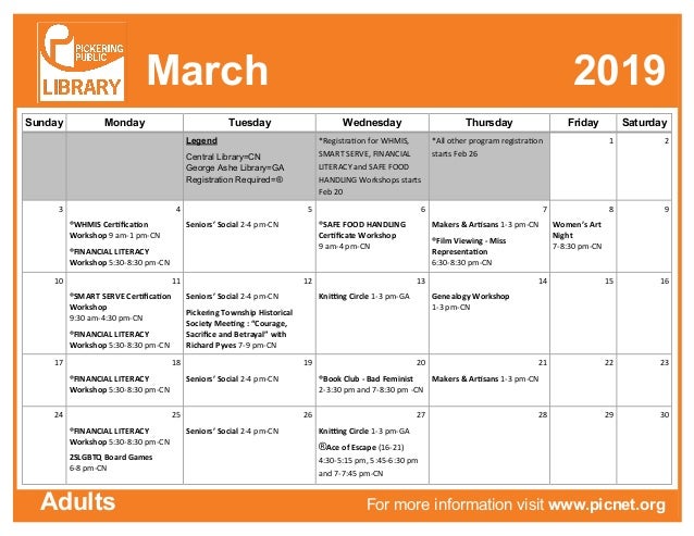 Pickering Public Library March Monthly Calendars