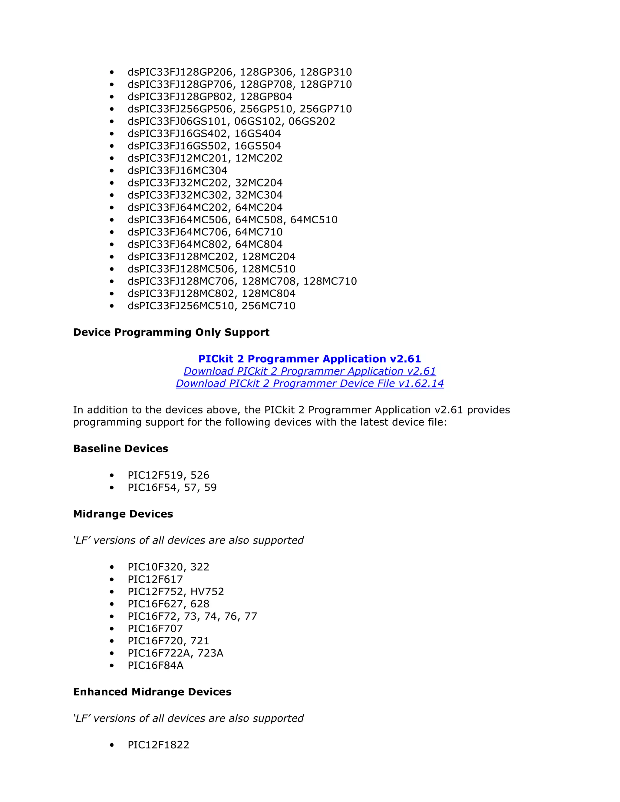 PICkit 2 Programmer device support list | PDF