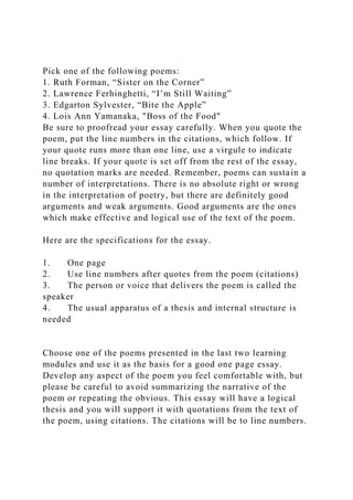 Pick one of the following poems1. Ruth Forman, Sister on the C.docx