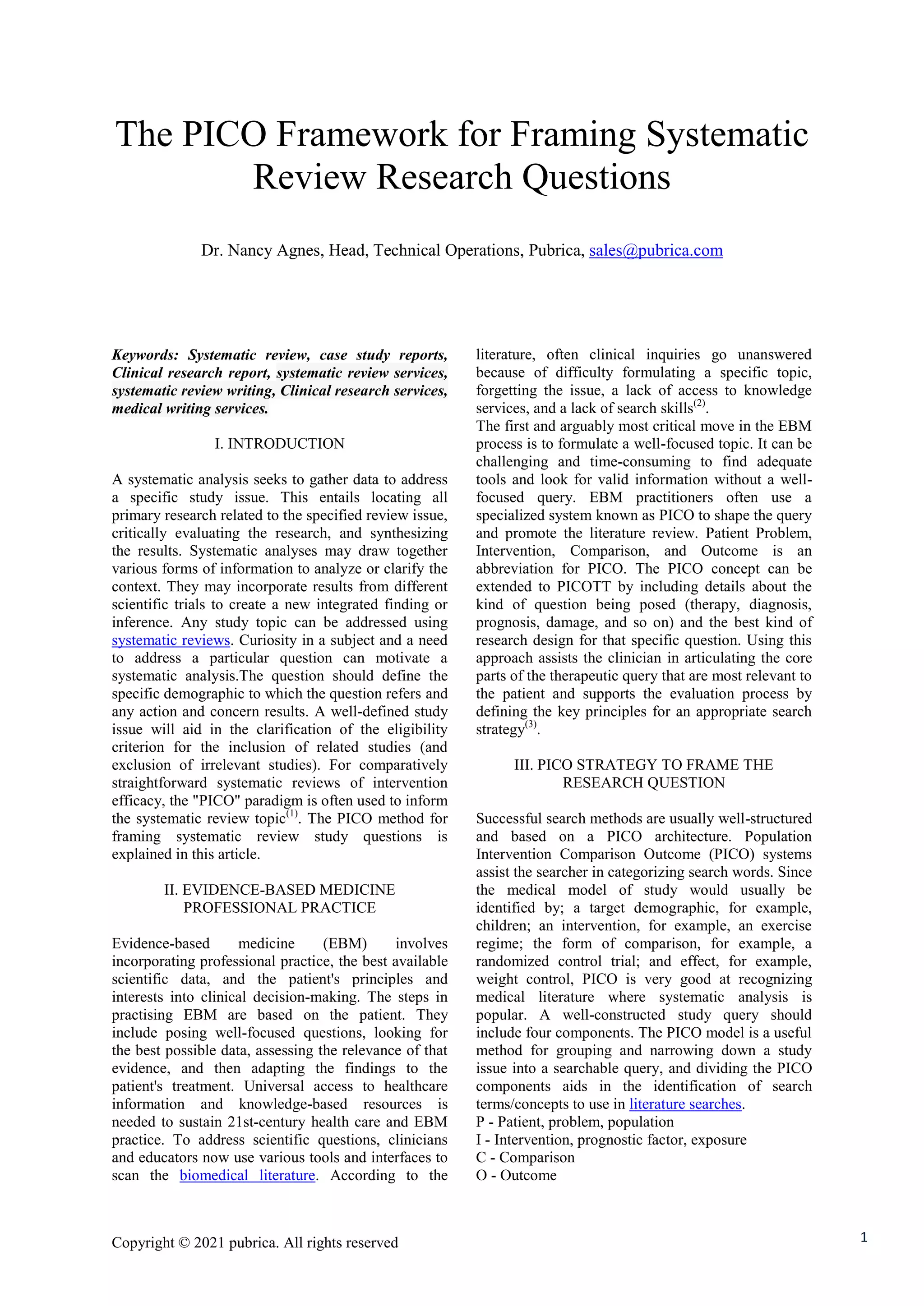 Pico framework for framing systematic review research questions - Pubrica | PDF | Search | Internet
