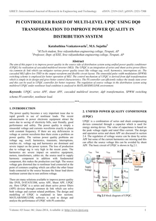 Pi controller based of multi level upqc using dq0 transformation to improve power quality in ...