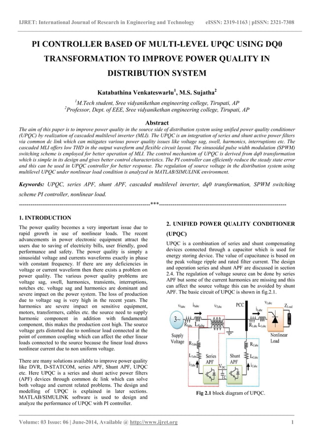 Pi controller based of multi level upqc using dq0 transformation to improve power quality in ...