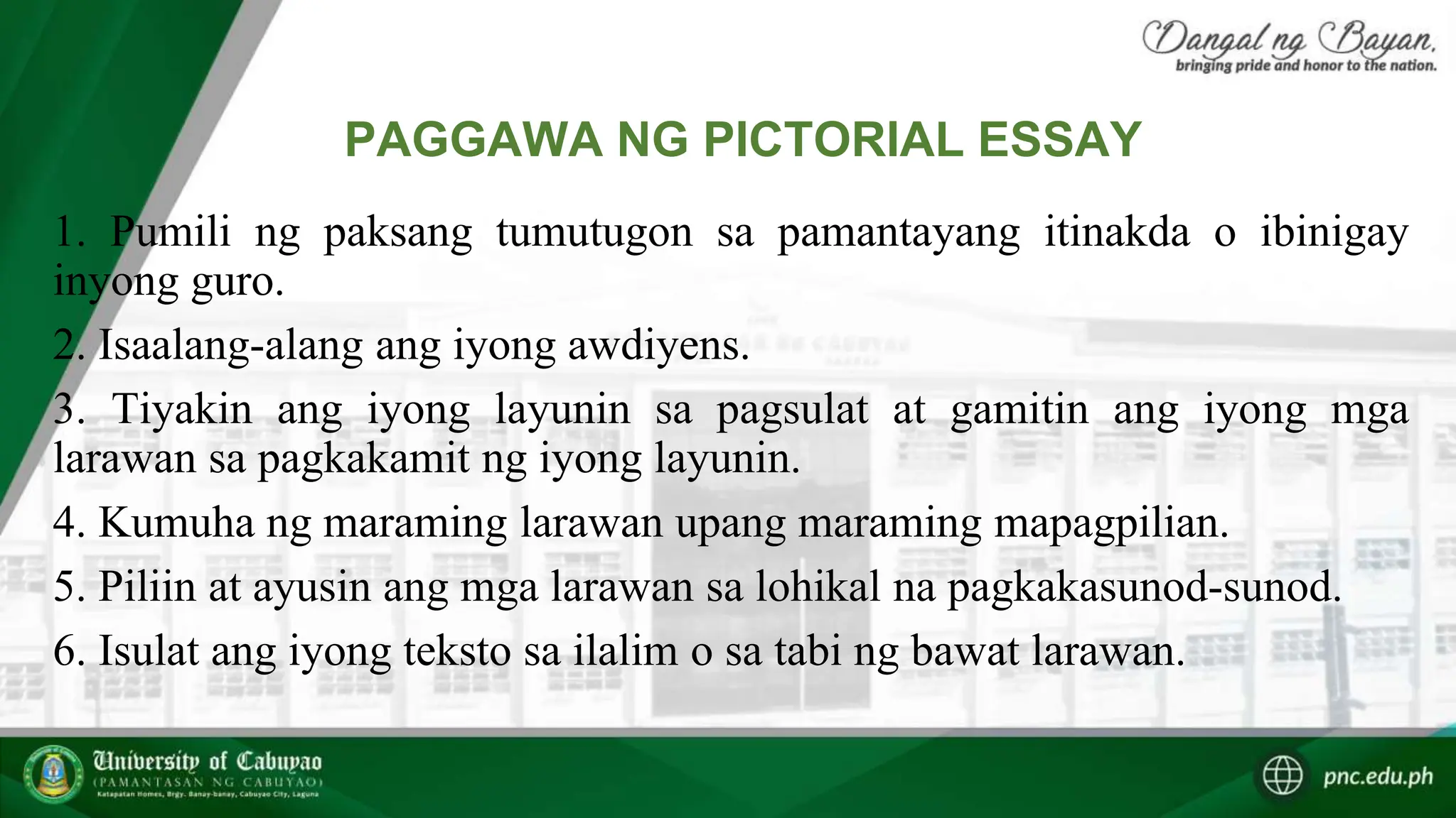 PICTORIAL-ESSAY: FILIPINO SA PILING LARANGAN | PPTX