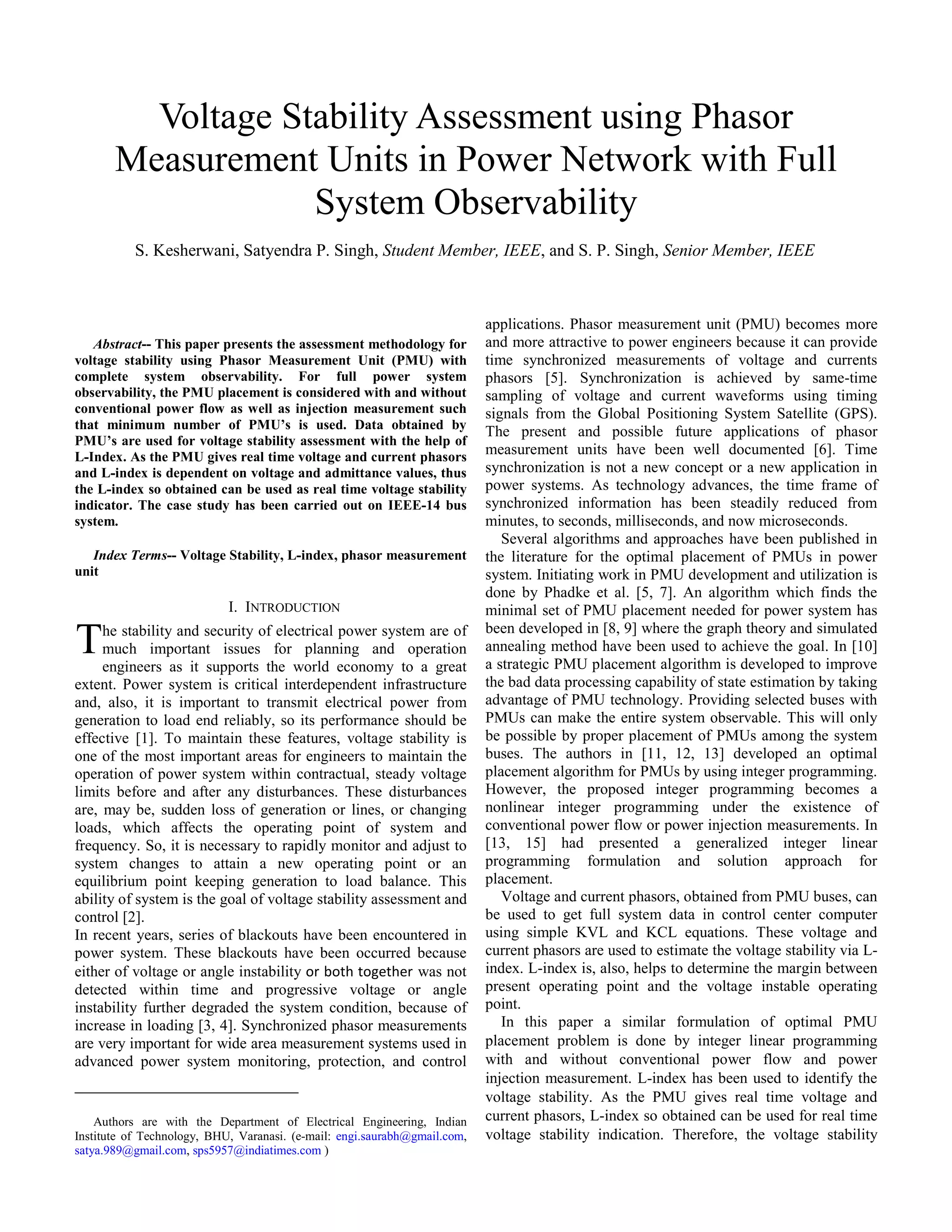 Voltage Stability Assessment using Phasor Measurement Units in Power Network with Full System ...
