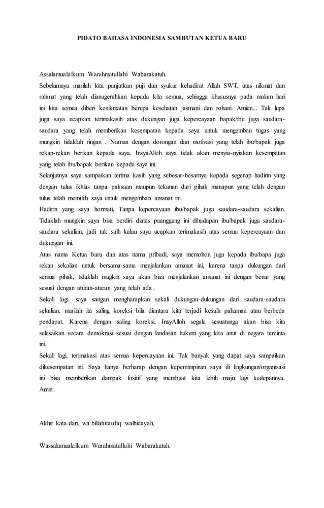 Pidato bahasa indonesia sambutan ketua baru | DOCX